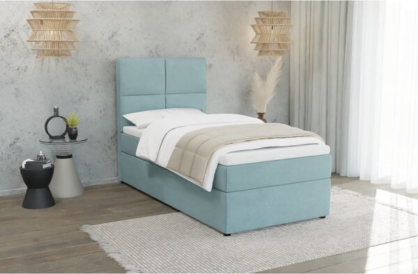 Letto singolo imbottito con contenitore azzurro con materasso e topper ...