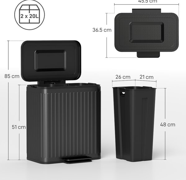HOMCOM Cestino a doppio scomparto 2 x 20 L, cestino da cucina a pedale ...
